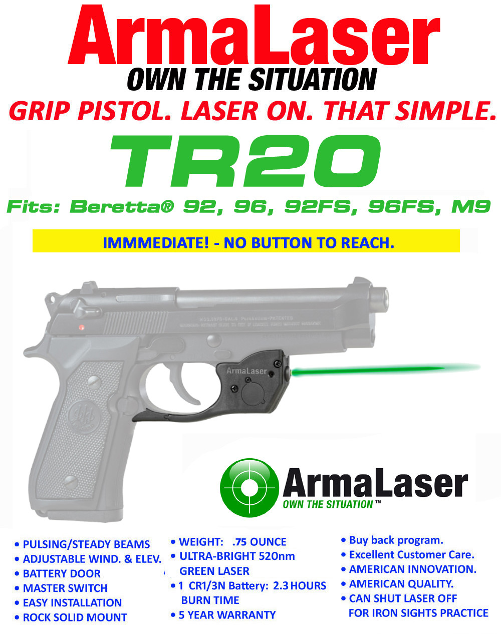 ArmaLaser TR20GS TR20-G Green Laser Beretta® 92 96 92FS 96FS M9 M92FS w ...