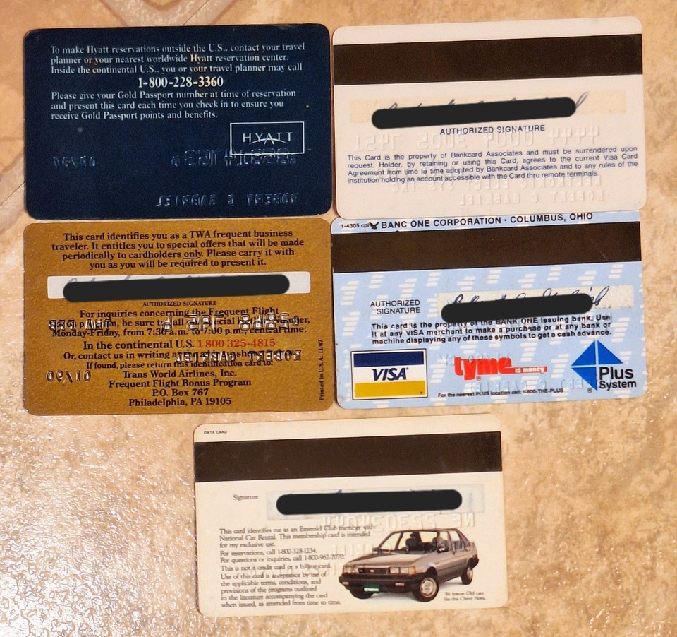 5 Vintage 1980s Hard Plastic Embossed Credit Cards, 2 VISA, Hyatt, TWA ...