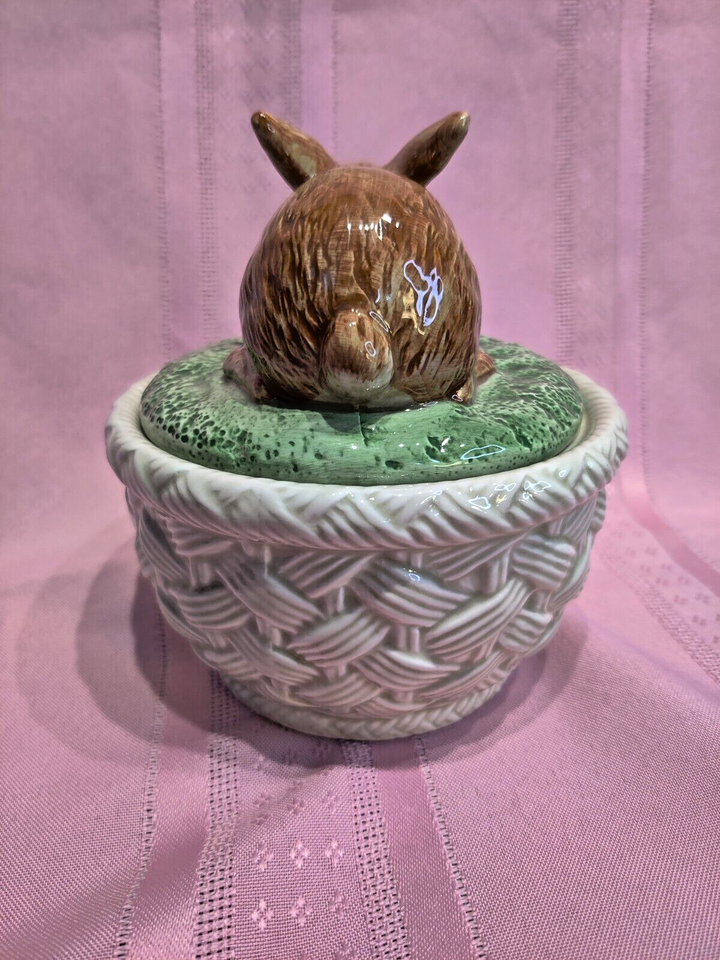 Fitz and Floyd Candy Dish with Lid with brown bunny/basket weave on the ...