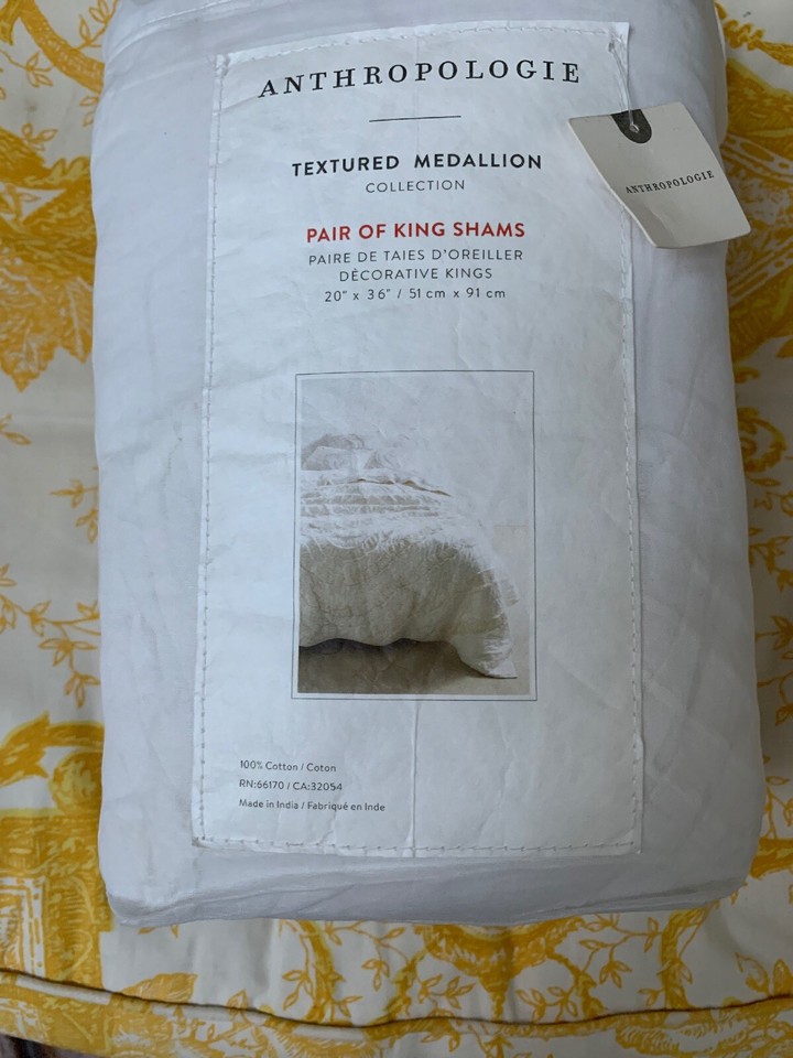 Anthropologie Textured Medallion KING Shams Set Of 2 White 100% Cotton ...