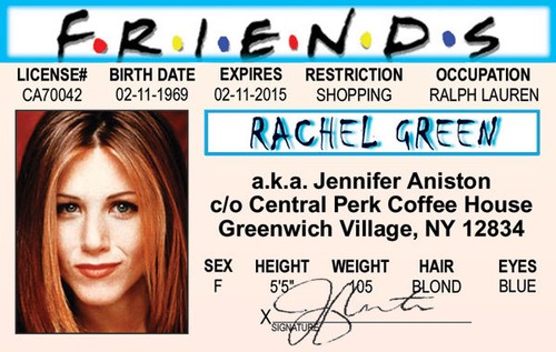 Jennifer Aniston / Rachel Green of the FRIENDS tv show id card Drivers ...