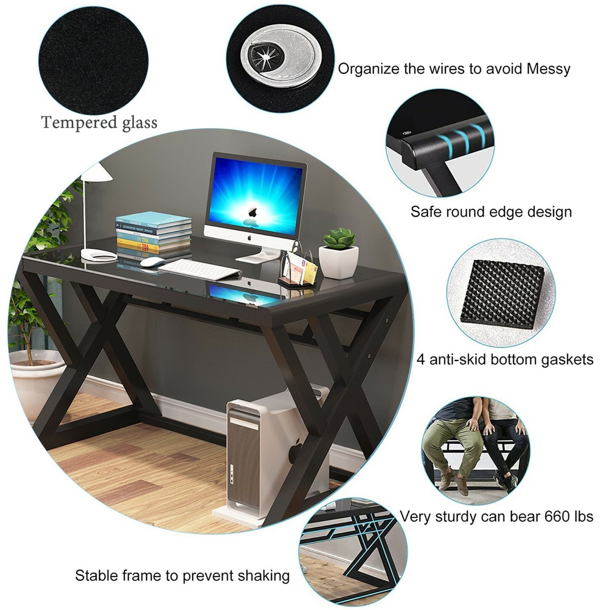 Round Black Glass Computer Desk