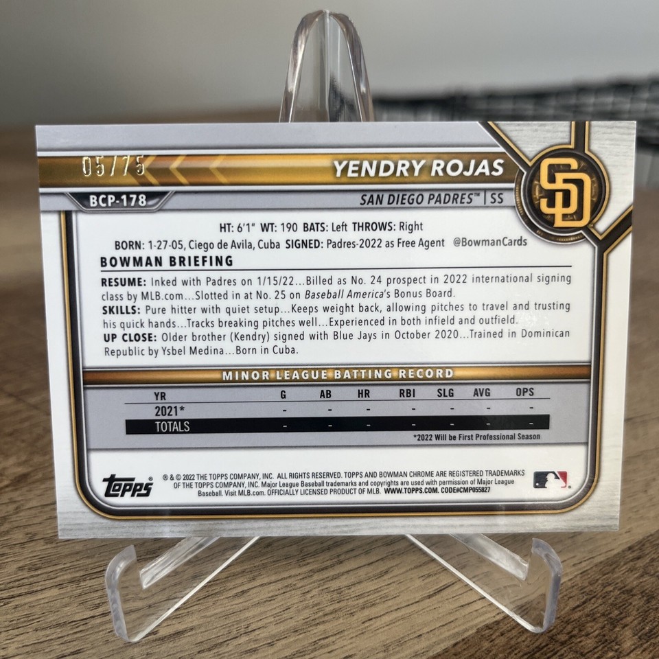 Yendry Rojas 2022 Bowman Chrome #178 Yellow Refractor Card #/75 | eBay