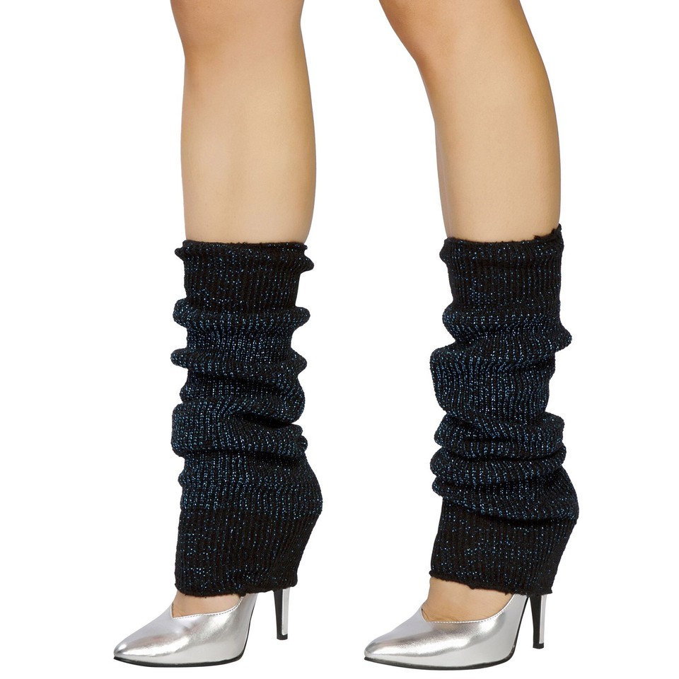 Black Blue Sparkle Leg Warmers Knee High Metallic Knit Retro Costume ...
