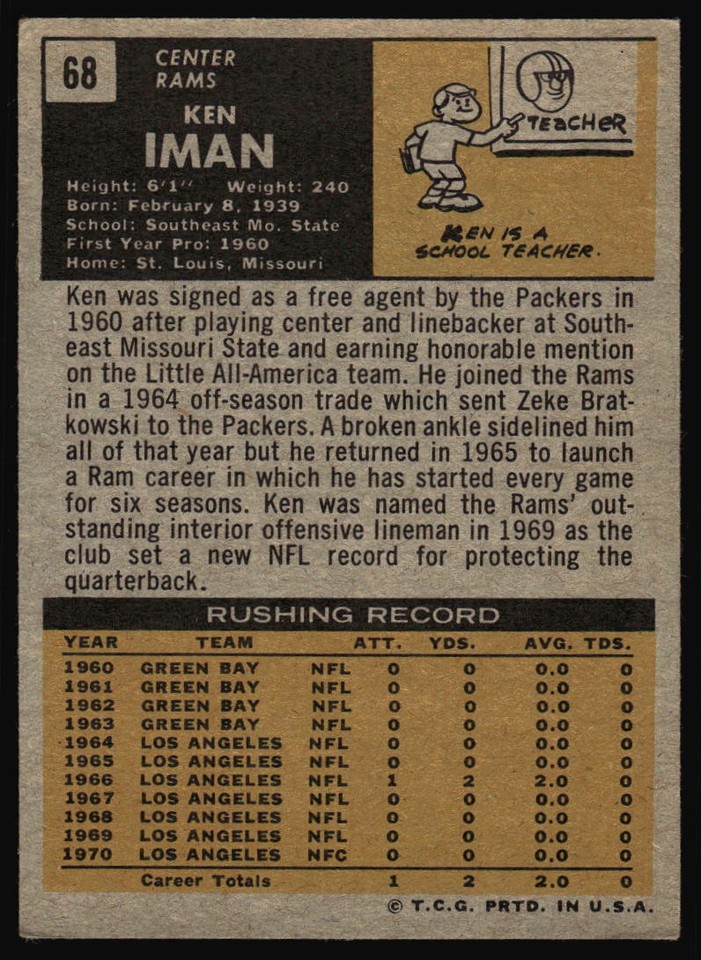 1971 Topps Ken Iman Rookie #68 Los Angeles Rams | eBay