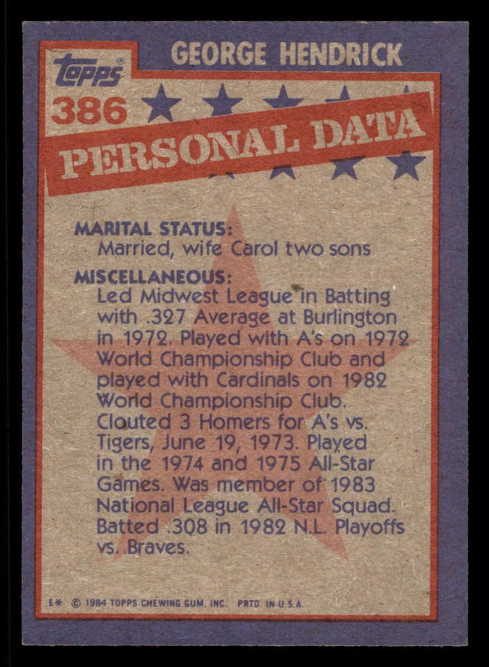 1984 Topps George Hendrick #386 St. Louis Cardinals | eBay