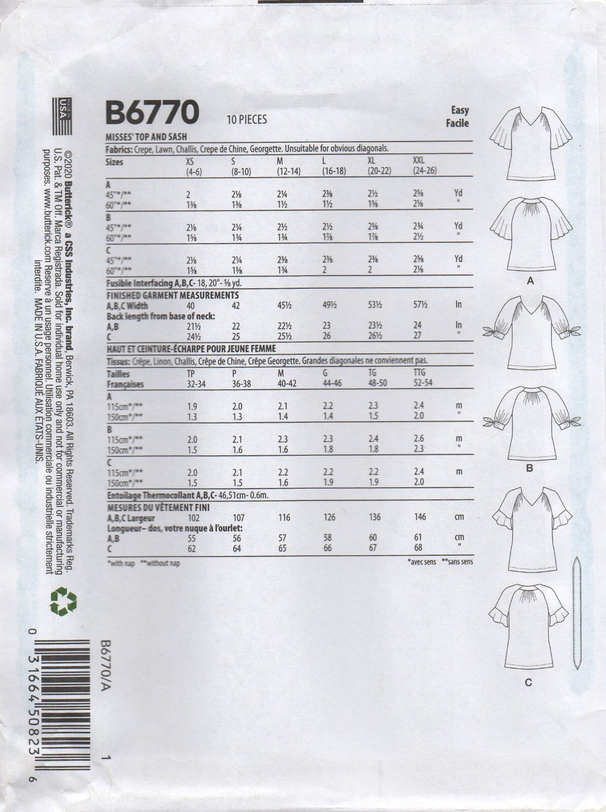 Butterick Sewing Pattern 6770 EASY Tops with Raglan Flutter Sleeves Sz ...