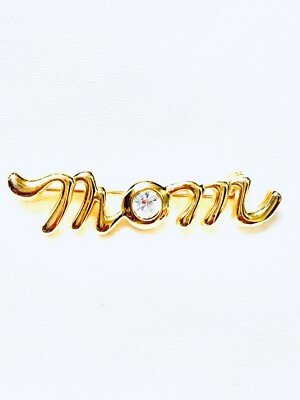Mothers Brooch Pin MOM Hand Written Crystal Gemstone Center Gold Tone 2 ...