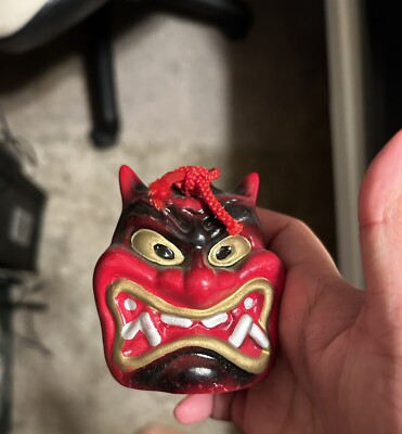 Vintage Japanese Pottery Clay Red Demon Devil Head Talisman Hang 1.5 ...
