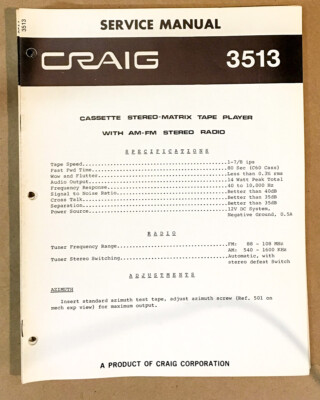 Craig Model 3513 8 Track Stereo Service Manual *Original* | eBay