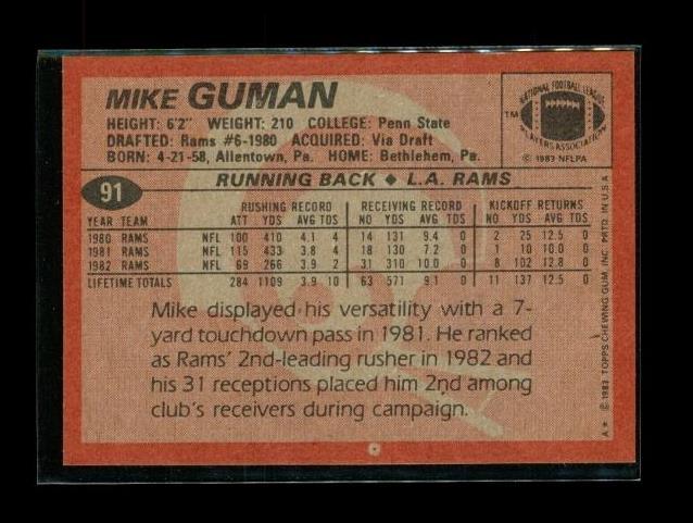 Vintage 1983 TOPPS Football Trading Card #91 MIKE GUMAN Los Angeles ...