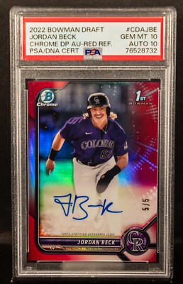 JORDAN BECK 2022 Bowman Chrome Draft Red Refractor RC Auto 5/5 PSA 10/ ...