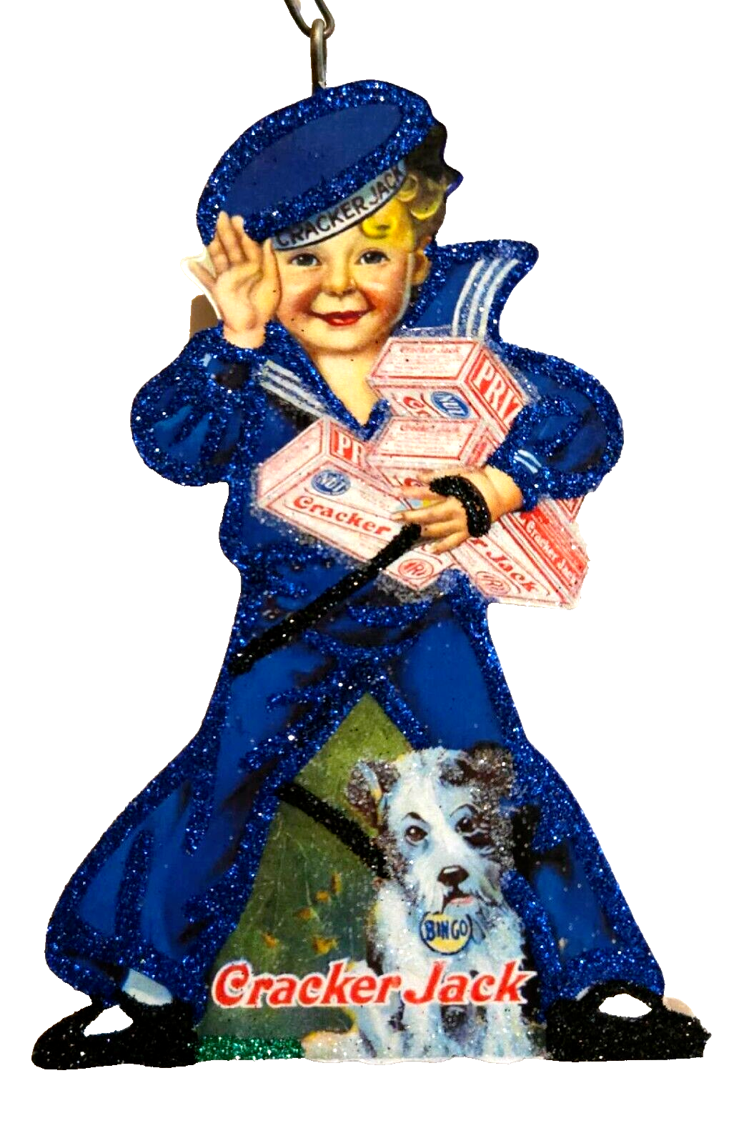 CRACKER JACK, SAILOR BOY w DOG BINGO * Glitter CHRISTMAS ORNAMENT * Vtg ...