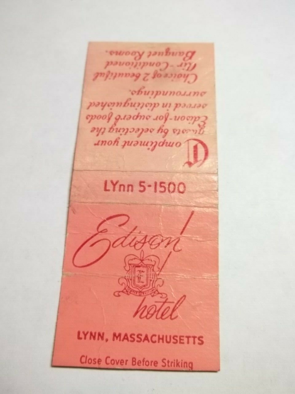 Matchbook Cover Edison Hotel Phone Lynn 5-1500 Lynn MA #190 | eBay