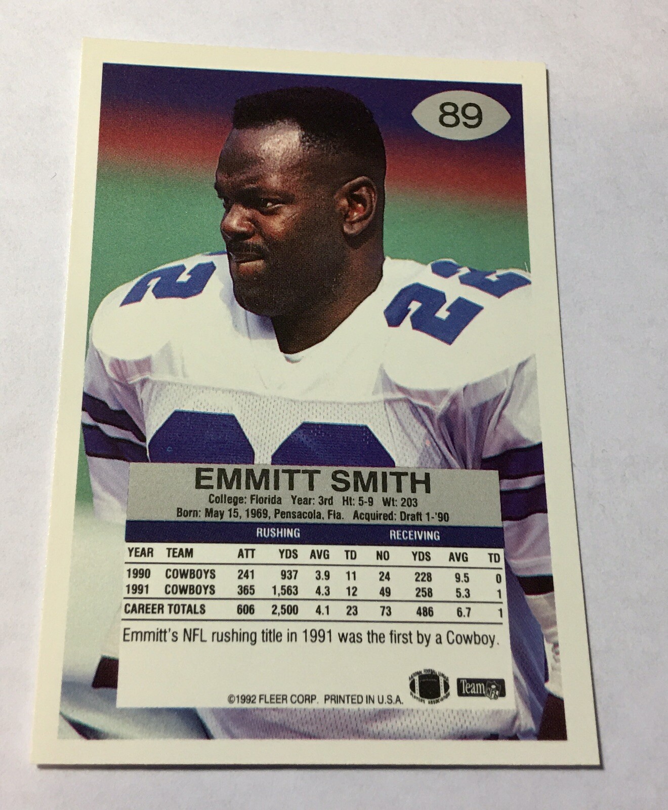 1992 Fleer Emmitt Smith #89 Football Card Dallas Cowboys Super Bowl ...