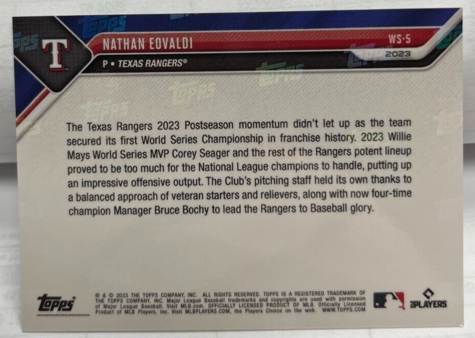 Nathan Eovaldi 2023 Topps Now MLB World Séries Champions # WS-5 Texas ...