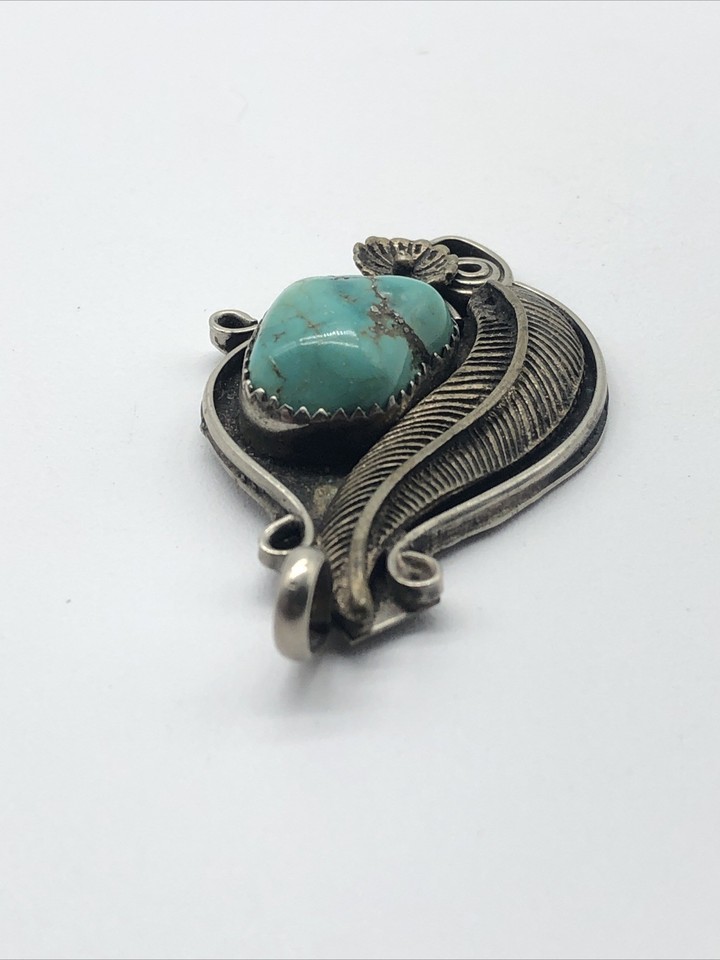 Turquoise Sterling Silver Pendant With Leaf Design 10.4g 2” | eBay
