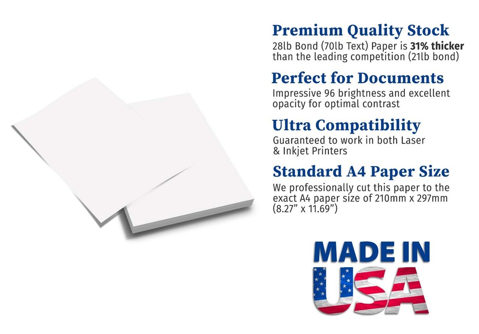 Premium A4 (8.3"x 11.7") Printer Paper - 28lb Bond / 70lb Text (105 gsm ...