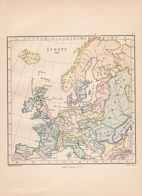 1885 VICTORIAN HISTORICAL MAP ~ EUROPE 912 AD ~ DENALAGU GERMAN EMPIRE ...