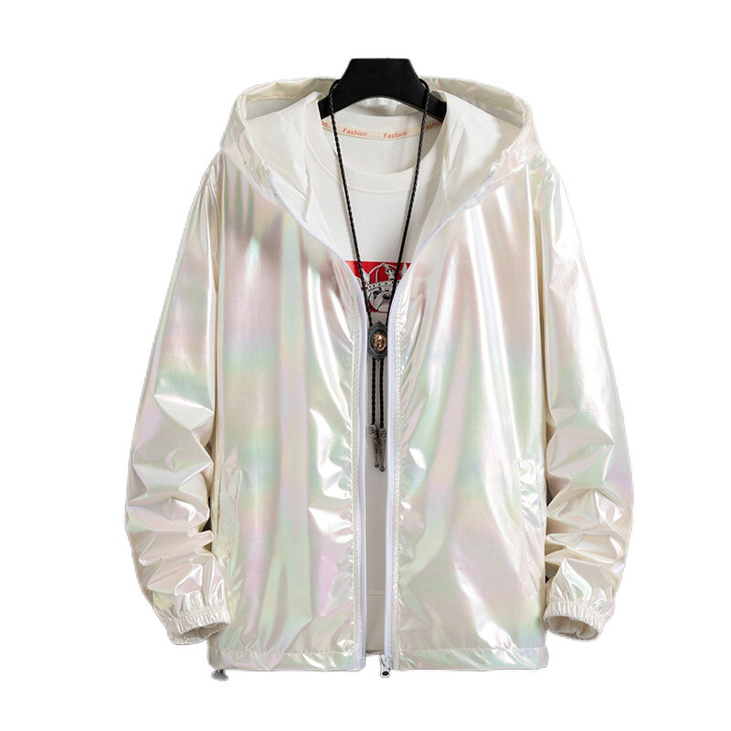 Unisex Hooded Coat Iridescent Shiny Holographic Jacket Harajuku Fashion ...