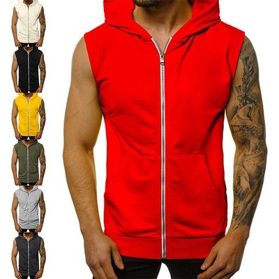 Men's Zipper Hoodie Sleeveless Vest Muscle Tank Tops Gym Fitness ...