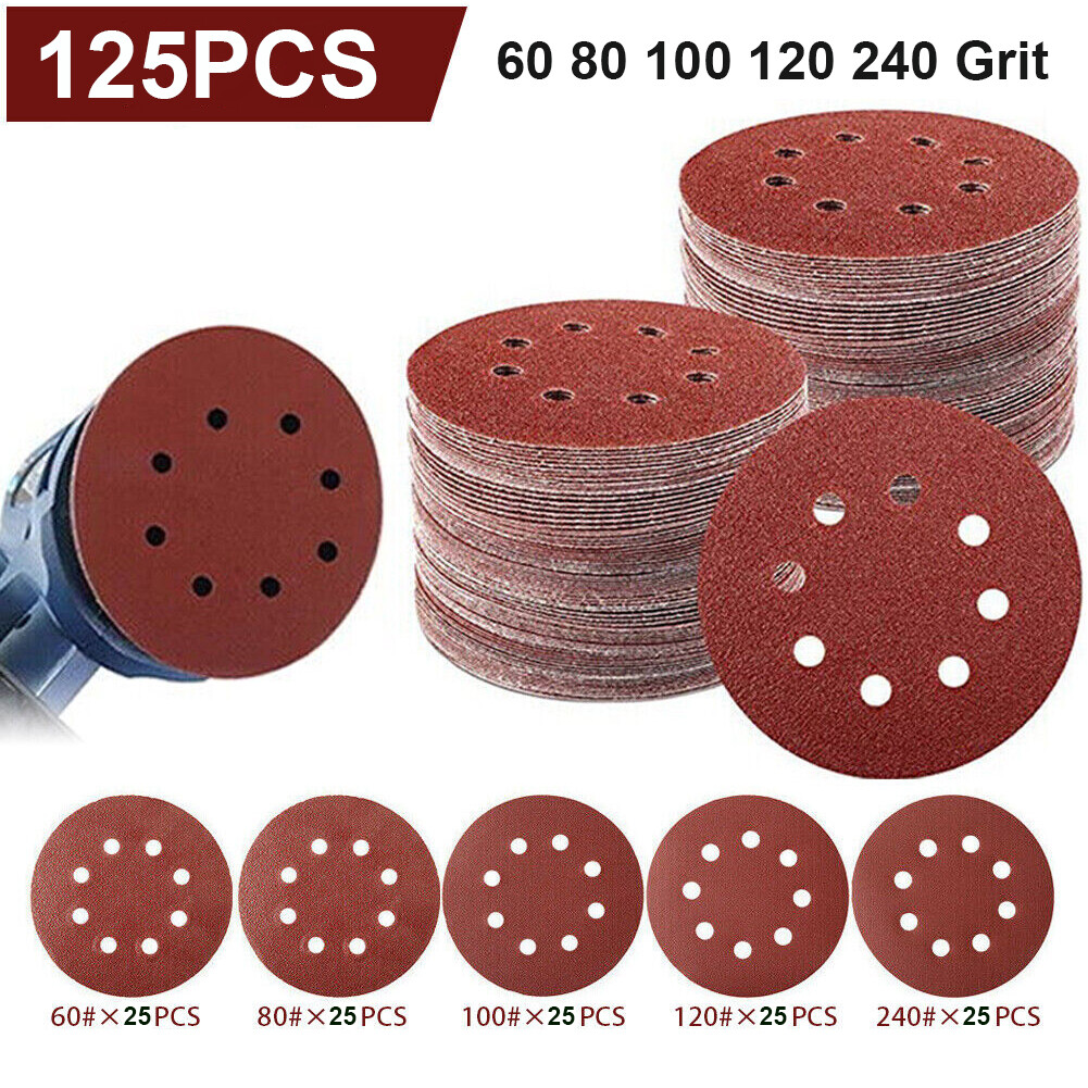 125X Sanding Discs 60 80 100 120 240 Grit 5 inch Hook Loop Orbital ...
