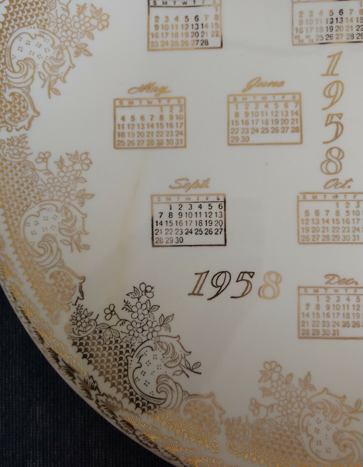 1958 CALENDAR PLATE ~ Gold on Off-White ~ Monthly Calendars ~ Floral ...