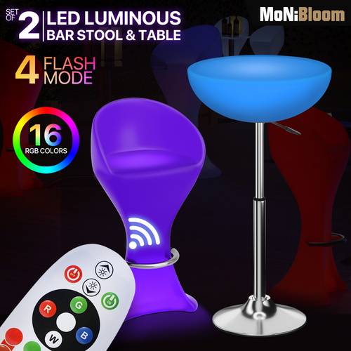 Set of 2 LED Light[BAR STOOL+PUB TABLE]16 Colors Changing Stool w ...