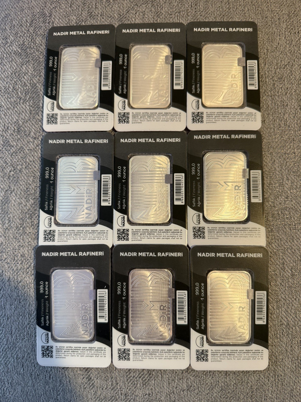 Lot of 9, NADIR 1 oz .999 Fine Silver Bars, In Sealed Assay Cards ...