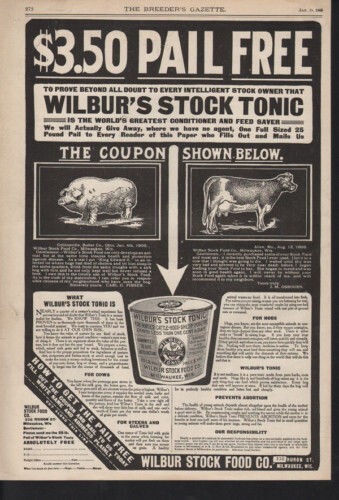 1908 WILBUR LIVESTOCK FOOD TONIC FEED PIG FARM AGRICULTURE MILWAUKEE AD ...