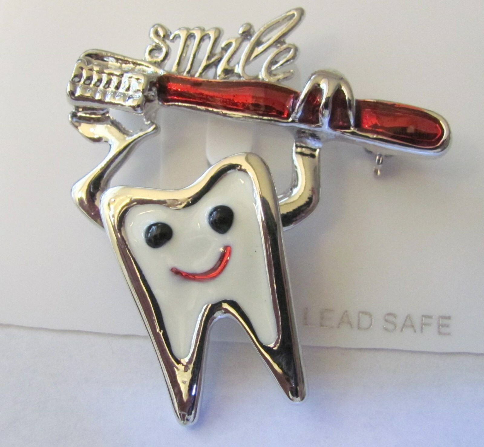 SMILE TOOTH DENTAL PIN-Dentist Hygenist-Silvertone RED Toothbrush ...