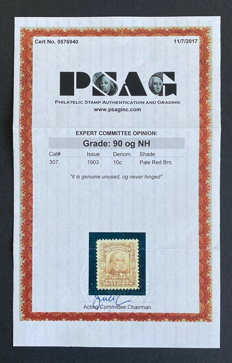 US Stamps Scott 307 10c Webster 1903 2017 PSAG Certificate GC XF 90 M ...
