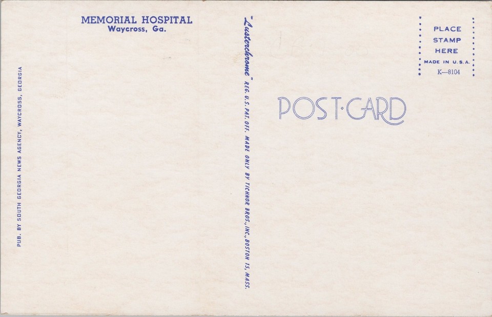 Waycross Georgia-Memorial Hospital Exterior View Vintage Postcard #2525 ...