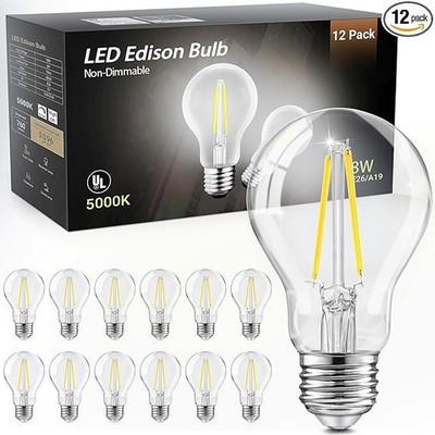 12 Pack LED Edison Bulb A19 8W 5000K Daylight E26 Non-Dimmable 60W Eq ...