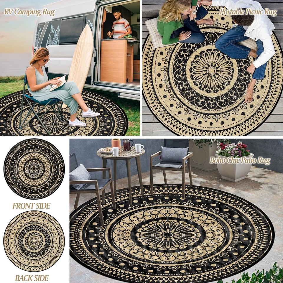Round Outdoor Rugs for Patio 8Ft Waterproof Reversible Outdoor Patio ...