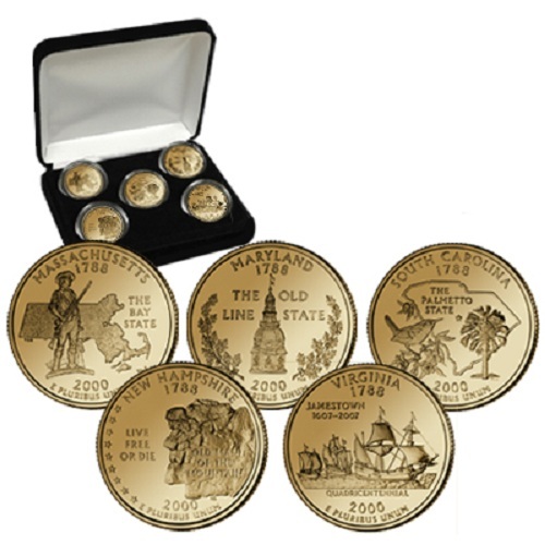2000 24kt Gold Plated US Mint State Quarters Set in Gift Box w/COA Gold ...