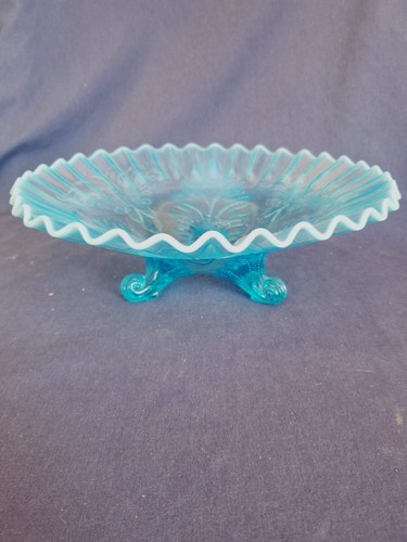 Antique Dugan Blue Opalescent Palm & Scroll 3 Footed Ruffled Candy Bowl ...