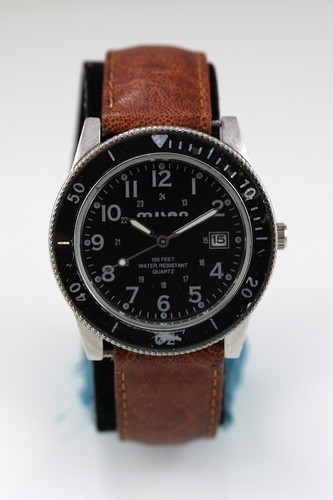 Milan Watch Men Black Silver Stainless Steel 30m Leather Brown Batt ...