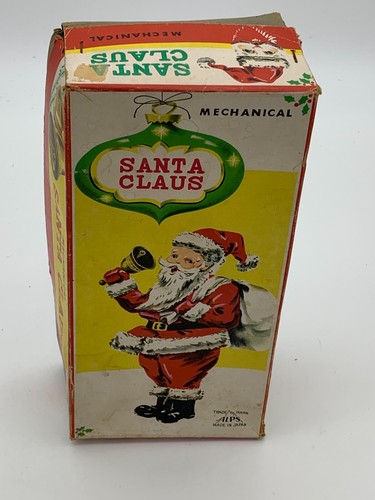 ALPS 10" WIND-UP MECHANICAL SANTA CLAUS IN BOX WORKS TIN TOY BELL ...