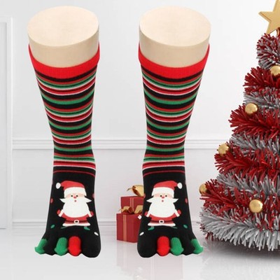 1 Pair Five Fingers Socks Christmas Toe Socks Cartoon Santa Warm Mid ...