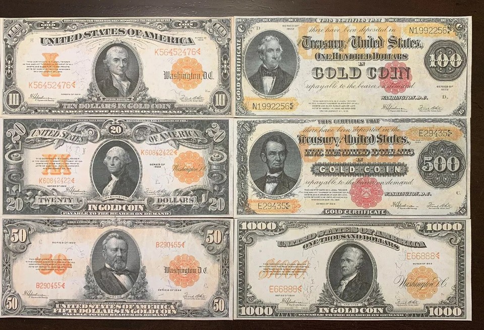 Reproduction Set 1922 Gold Certificates $10-$1000 USA Currency Copies ...