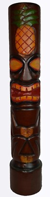 39" HAND CARVED HAWAIIAN TIKI TOTEM POLE TROPICAL PINEAPPLE PALM ...