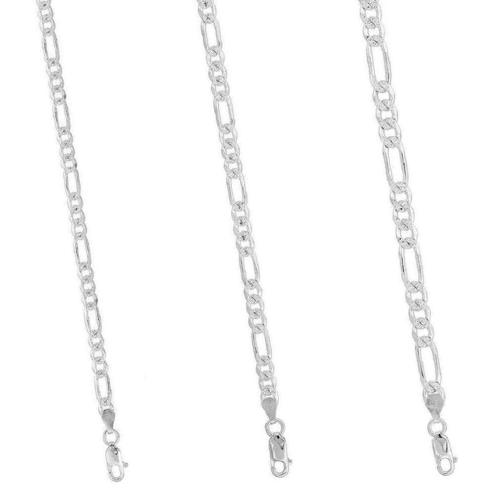 Sterling Silver Pave Cut Figaro Chain Necklace or Bracelet 4.5mm,5.5mm ...