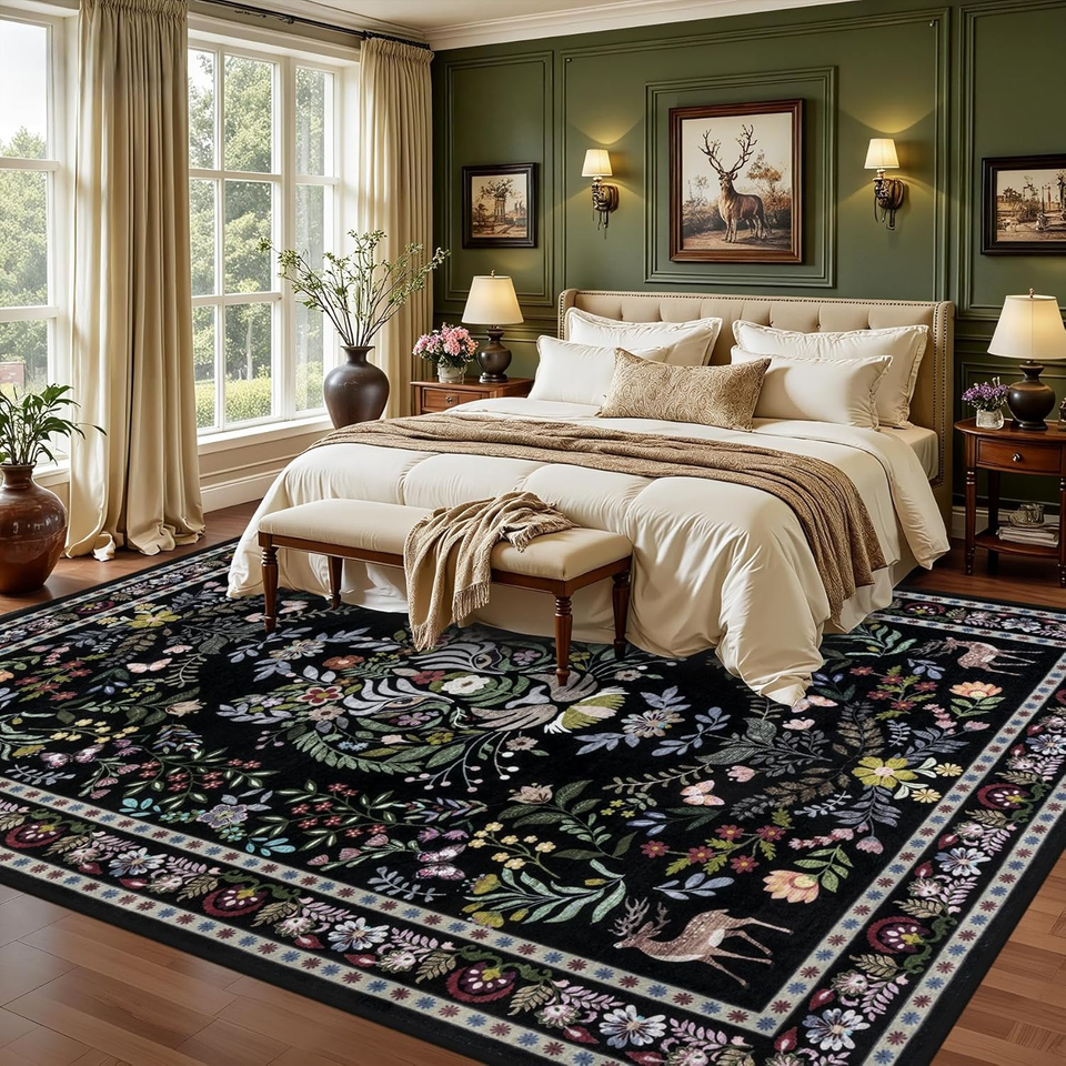 Vintage Floral 8X10 Area Rug - Washable Non-Slip Soft Carpet for Home ...