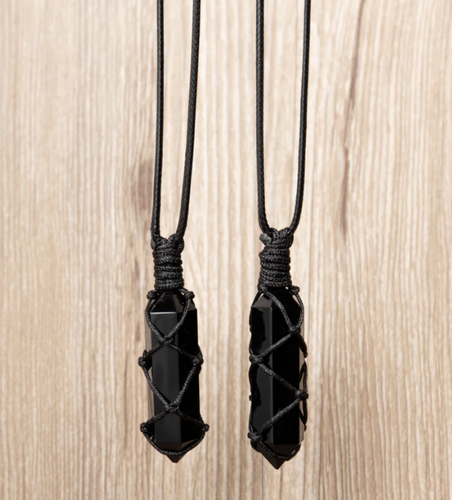 Natural Obsidian Crystal Hexagon Point Wrapped Pendant Necklace Healing ...