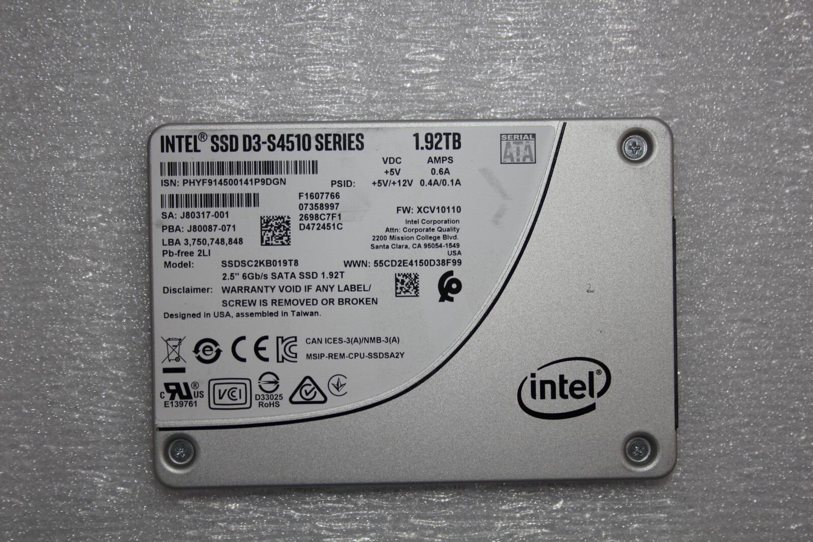 Intel D3 S4510 Series 1.92TB SATA 6Gb/s 2.5'' Internal SSD ...