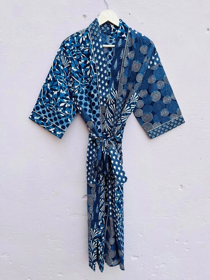 Indigo Cotton Block Print Kimono Robe - Block print Robe - Loose Kimono ...