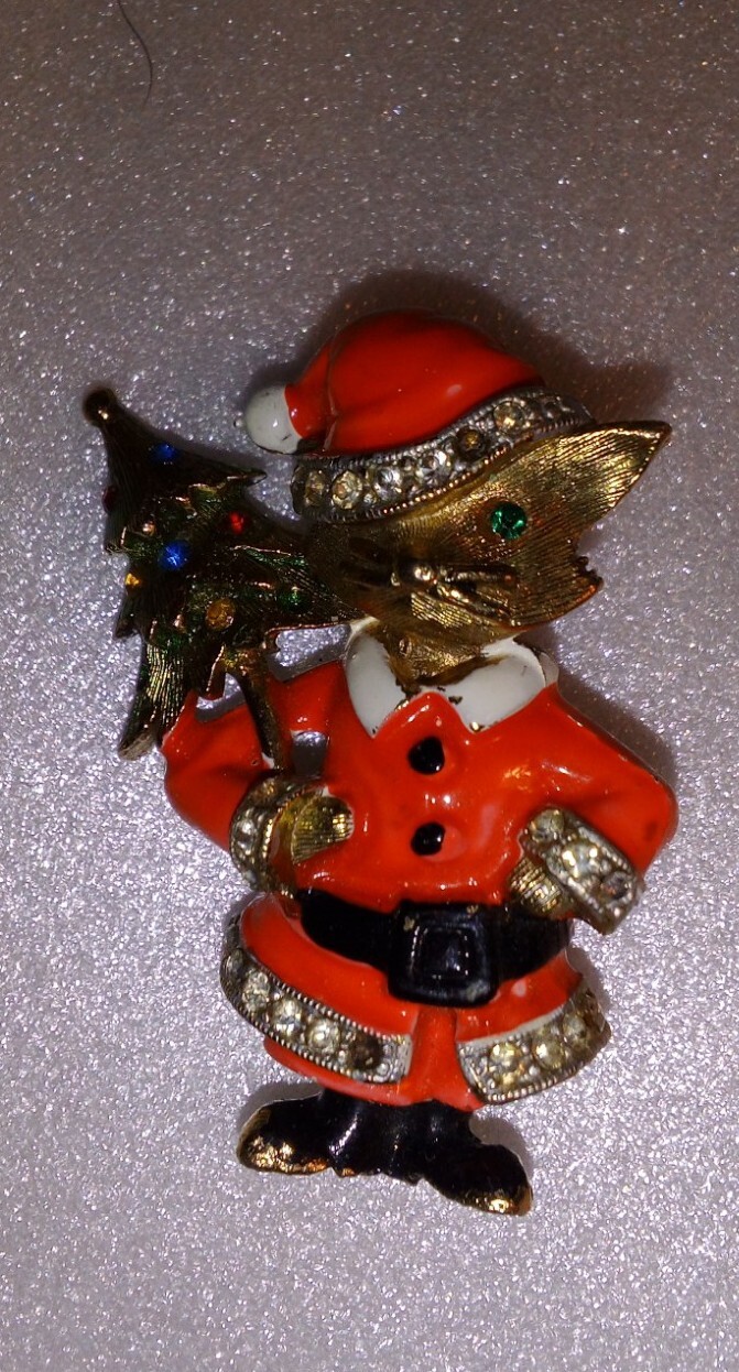 Vtg Signed JJ Santa Cat Xmas Tree Enamel Rhinestone … - Gem