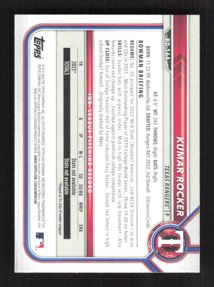 Kumar Rocker 2022 Bowman Draft Texas Rangers #BD-164 | eBay