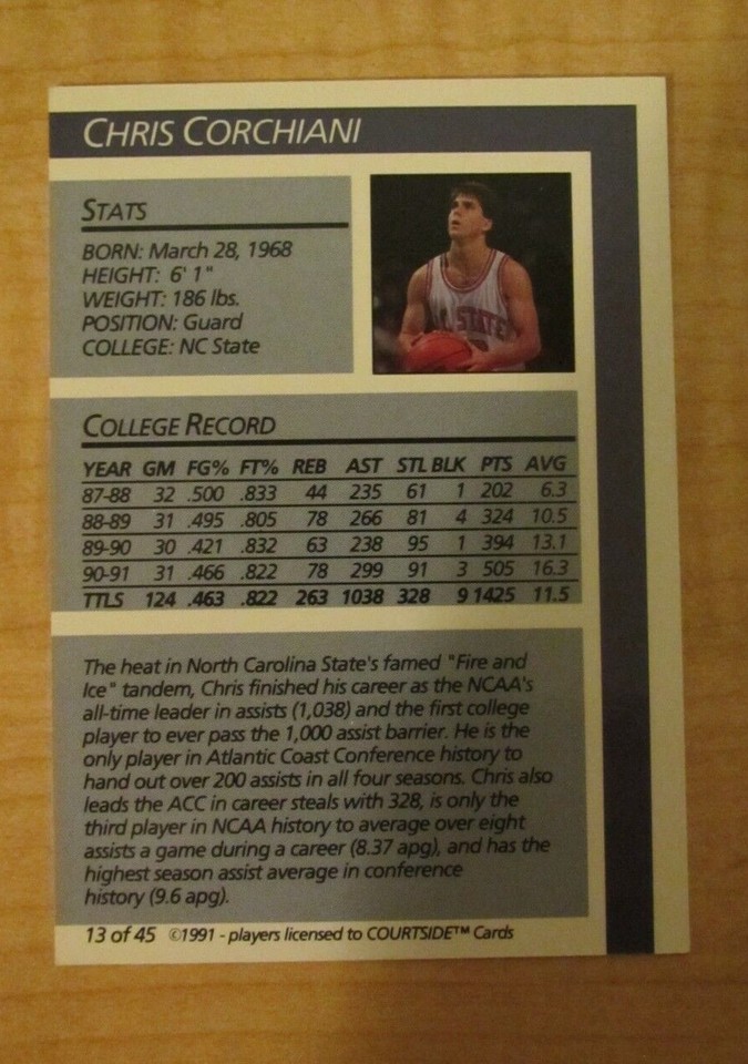 1991 Courtside Draft Pix Rookie Chris Corchiani #13 of 45 North ...